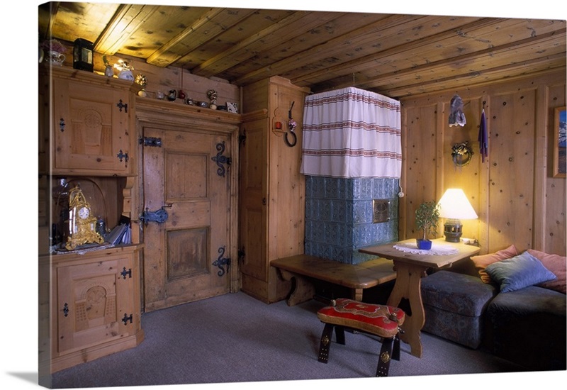 Switzerland, Graubunden, Engadin, Stube (room with a typical wood ...