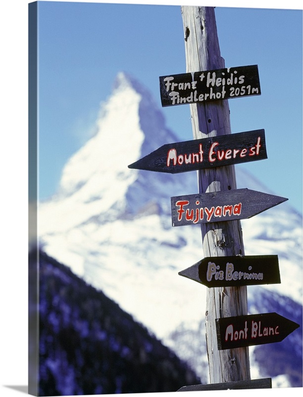 Switzerland, Valais, Zermatt, road signs and Matterhorn mountain in ...