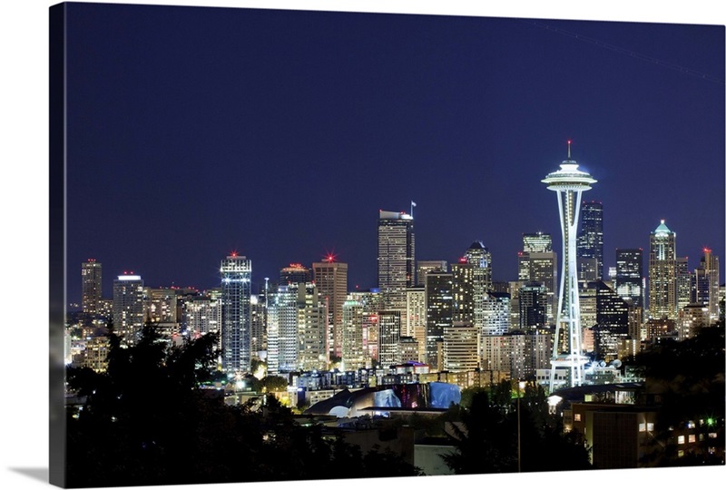 Washington, Seattle, Skyline with Space Needle at night | Great Big Canvas