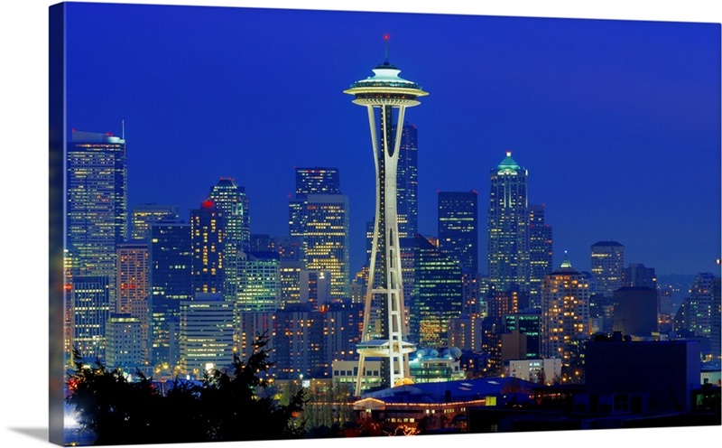 Washington, Seattle, Space Needle with skyline, night illuminated ...
