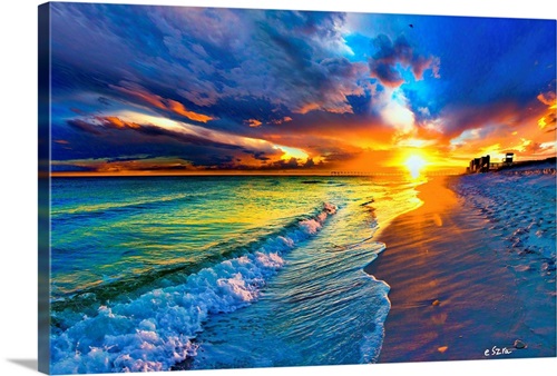 Beach Landscape-Blue Sea Waves-Yellow Sunset Burst | Great Big Canvas