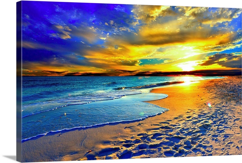 Beautiful Blue Beach Orange Sunset | Great Big Canvas