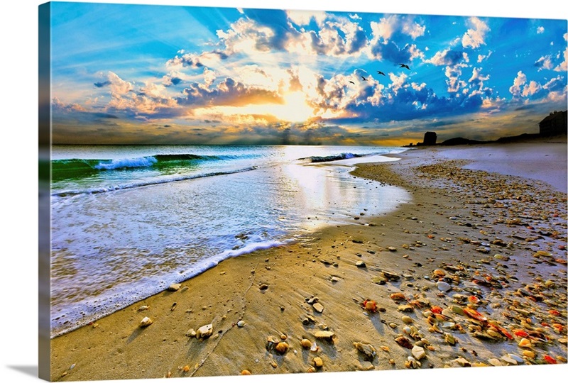 Blue Beach Sunset With Amazing Sun Rays | Great Big Canvas