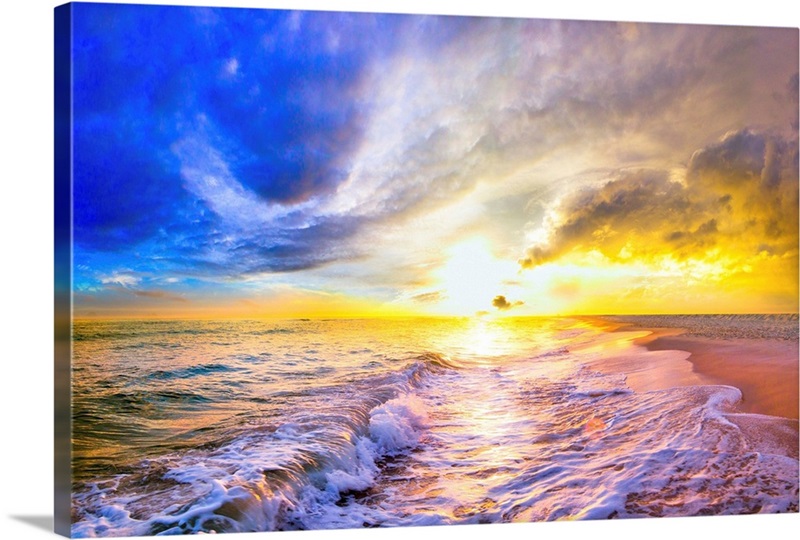 Blue Gold Beach Sunset And Ocean Waves | Great Big Canvas