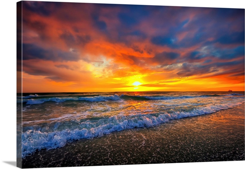 Colorful Fiery Red Blue Beach Sunset | Great Big Canvas
