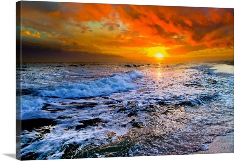 Colorful Seascape Dark Red Sunset And Waves | Great Big Canvas