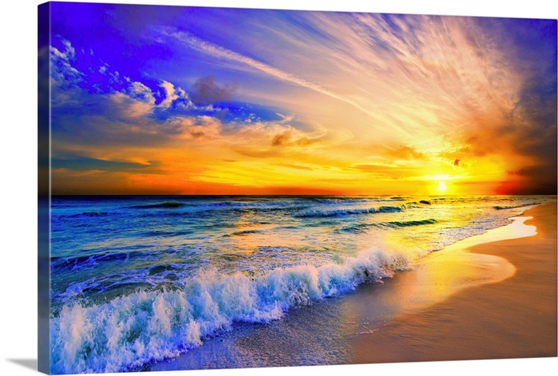 Orange Beach Sunset Crashing Wave Blue | Great Big Canvas
