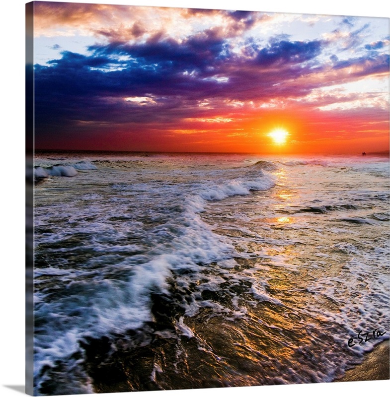 Red And Purple Sea Waves Sunset Square | Great Big Canvas