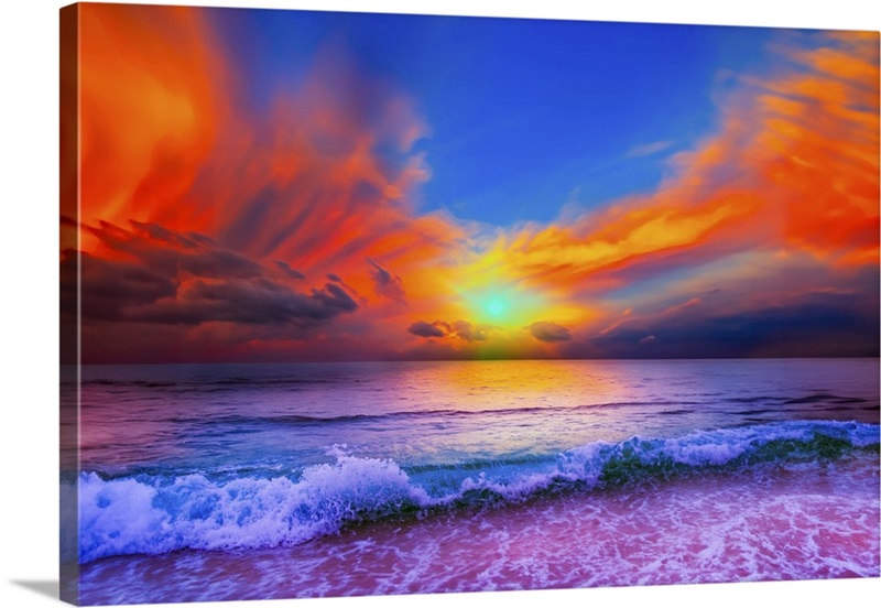 Red Dark Blue Sea Sunset | Great Big Canvas