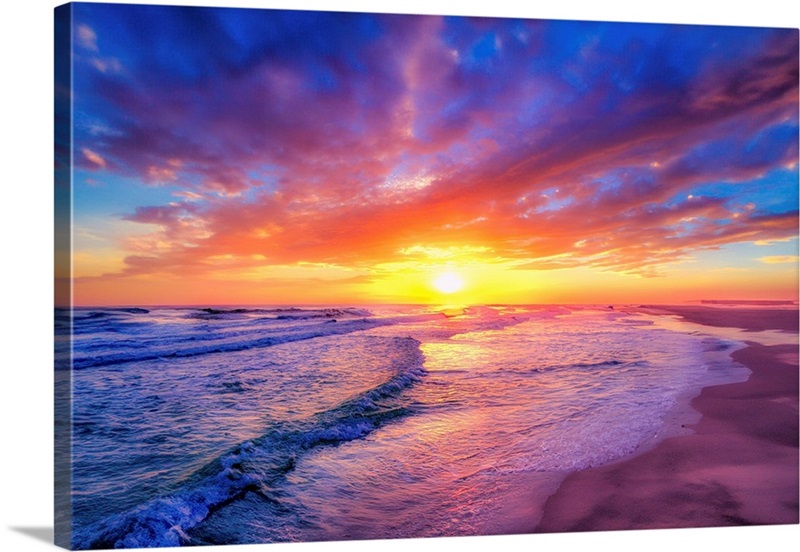 Vibrant Yellow And Red Sunburst Ocean Sunset | Great Big Canvas