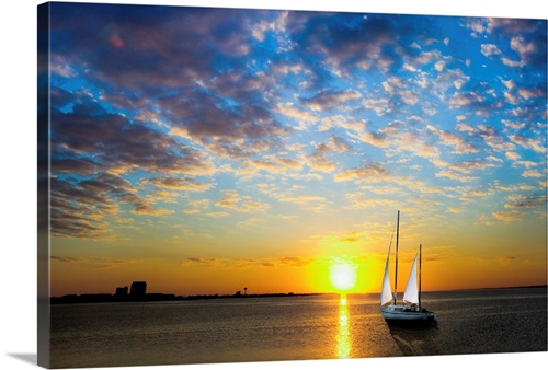 White Sail Sailboat-Sailing Into Sun-Sea Sunset | Great Big Canvas