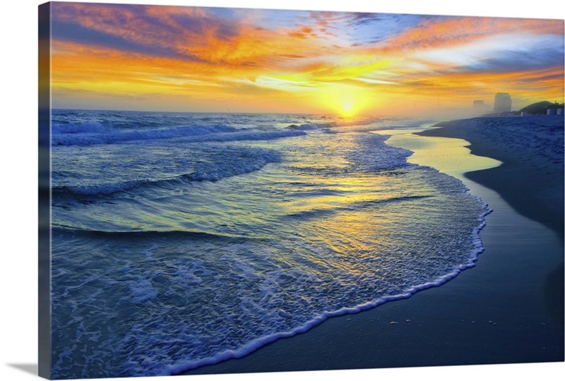 Yellow Sun Sunset Red And Blue Seascape | Great Big Canvas