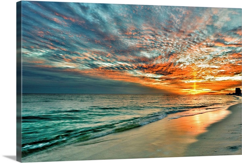 Yellow Sunray Through Red And Blue Sunset On Beach | Great Big Canvas