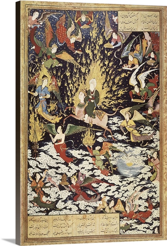 Ascension of prophet Muhammad with the archangel Gabriel. 16th c ...