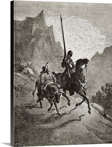 Don Quixote with Sancho Panza. 1863. Illustration of Cervantes book by ...