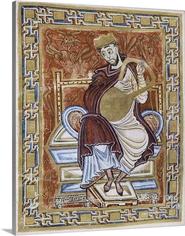 Illustration of the Psalter depicting King David playing the harp. 10th ...