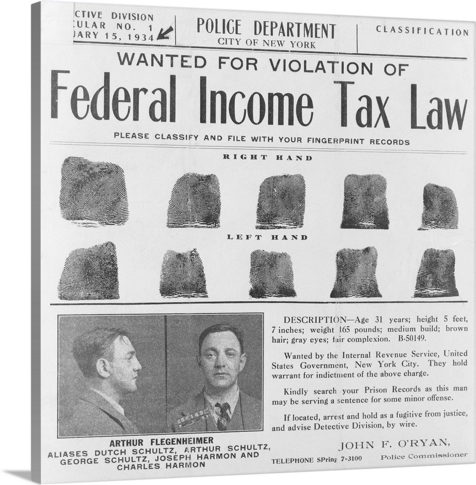 Wanted poster with mugshot and fingerprints for Arthur Flegenheimer ...