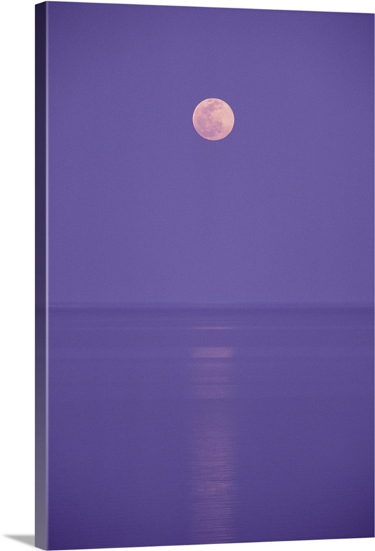a pink full moon hangs centered over a still body of water in the ...