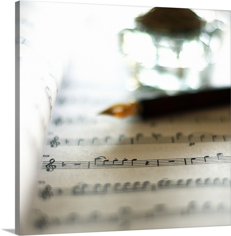 Bokeh with sheet music, fountain pen and inkwell. | Great Big Canvas