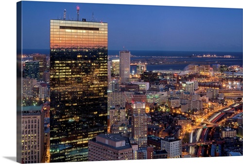 Building of Boston with light trails on road at night in Boston ...