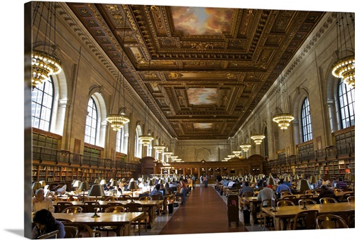 Carved and painted ceiling in huge library room, New York Public ...
