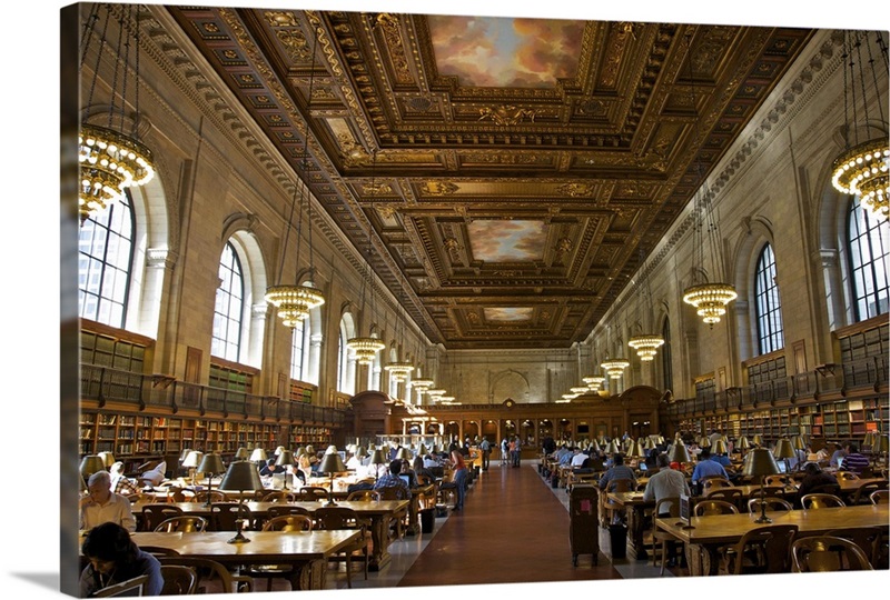 Carved and painted ceiling in huge library room, New York Public ...