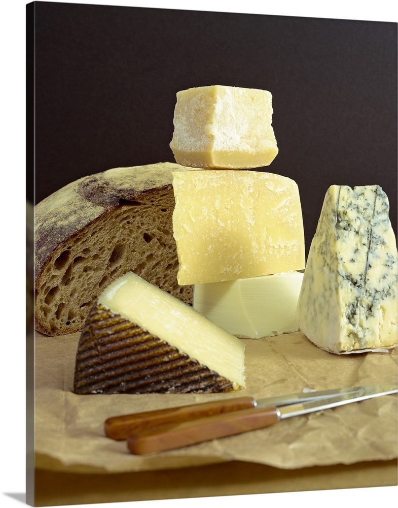 Cheeses and bread on block with knives Wall Art, Canvas Prints, Framed ...