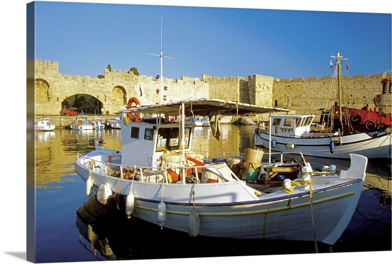 Commercial fishing boats docked at Mandraki Harbor, Rhodes, Greece ...