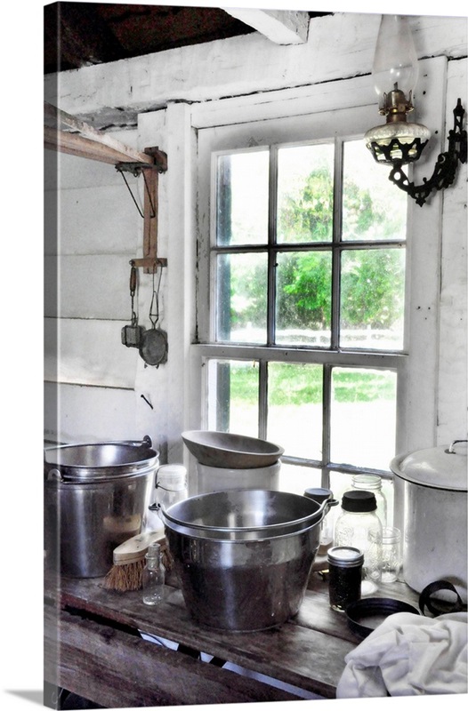 Cottage kitchen window and stainless pots and pans | Great Big Canvas