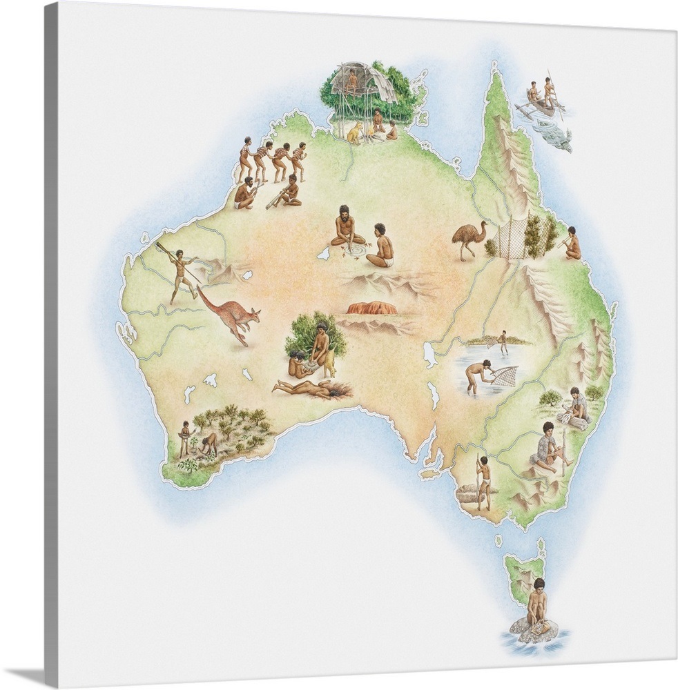 Illustrated map of Australia showing wildlife and Aborigine population ...
