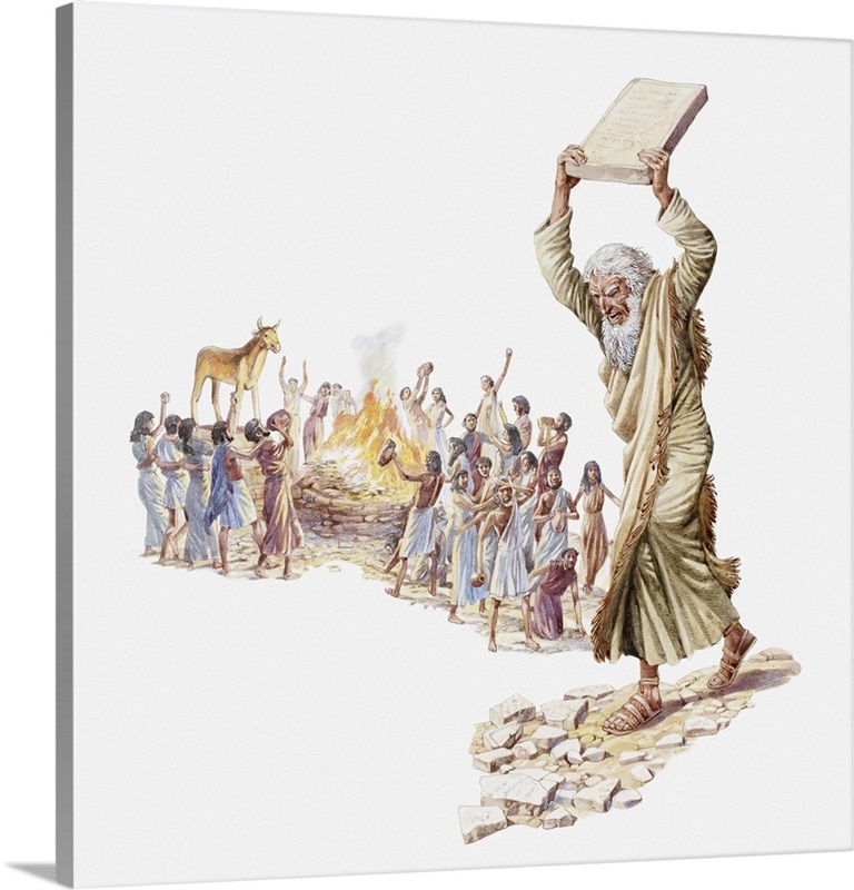 Illustration of Israelites celebrating around the Golden Calf and Moses ...
