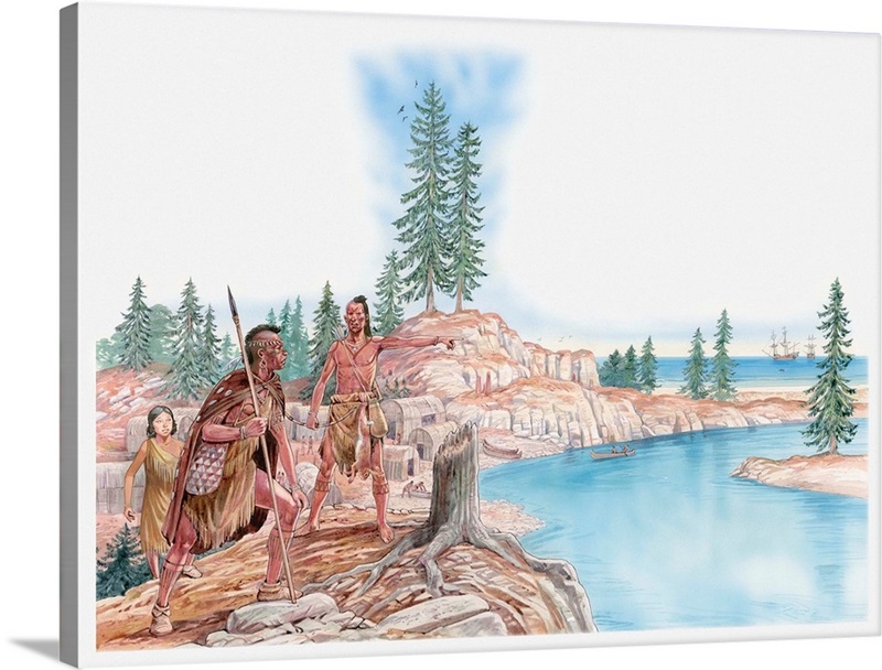 Illustration of Native Americans pointing with Pocahontas in the ...