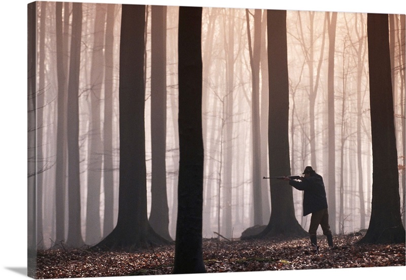 Man aiming shotgun in forest | Great Big Canvas