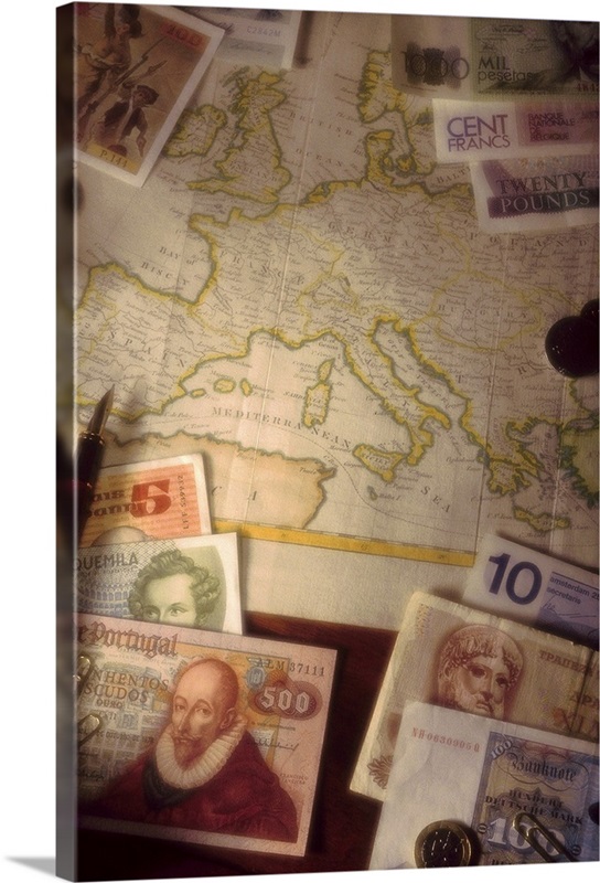 Map of Europe with various European currencies | Great Big Canvas