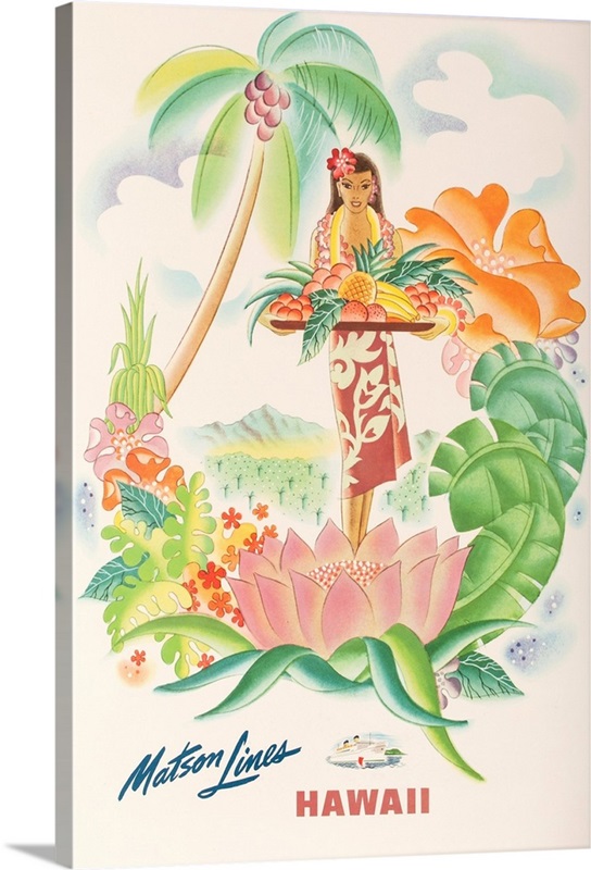 Matson Lines Travel Poster, Hawaii Native With Tropical Fruit | Great ...