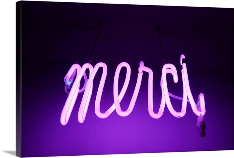 Pink and purple Neon light sign saying merci | Great Big Canvas