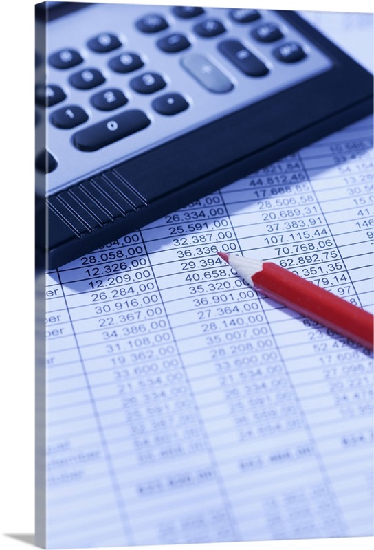 Pocket calculator and red pencil on spreadsheet | Great Big Canvas