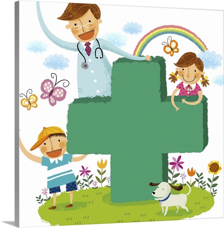 Portrait of doctor and two children with plus sign | Great Big Canvas