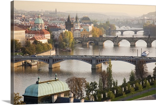 Prague Cityscape with the Vltava River and its Bridges at sunset ...