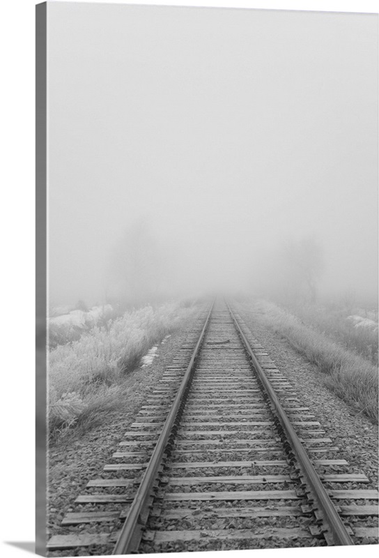 Railroad tracks fade into the morning fog | Great Big Canvas