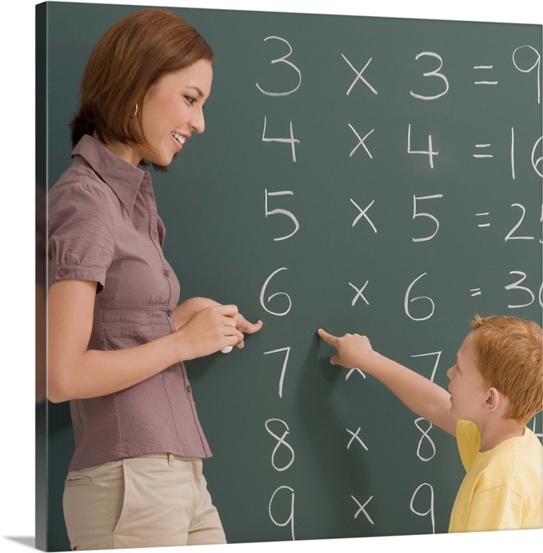 Side profile of a female teacher teaching her student on a blackboard ...