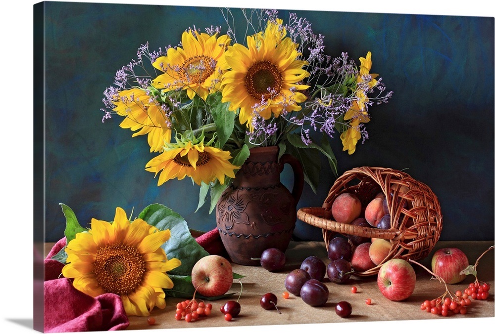 Summer still life with sunflowers, apples, peaches, plums, rowan ...