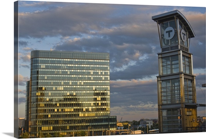 T Station with office building in the evening, Boston, Massachusetts ...
