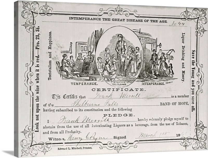 Temperance Society Certificate, pledge to abstain from drinking signed ...