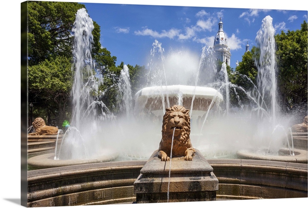 USA, Puerto Rico, Ponce, Fountain of Lions at Plaza Las Delicias Wall ...