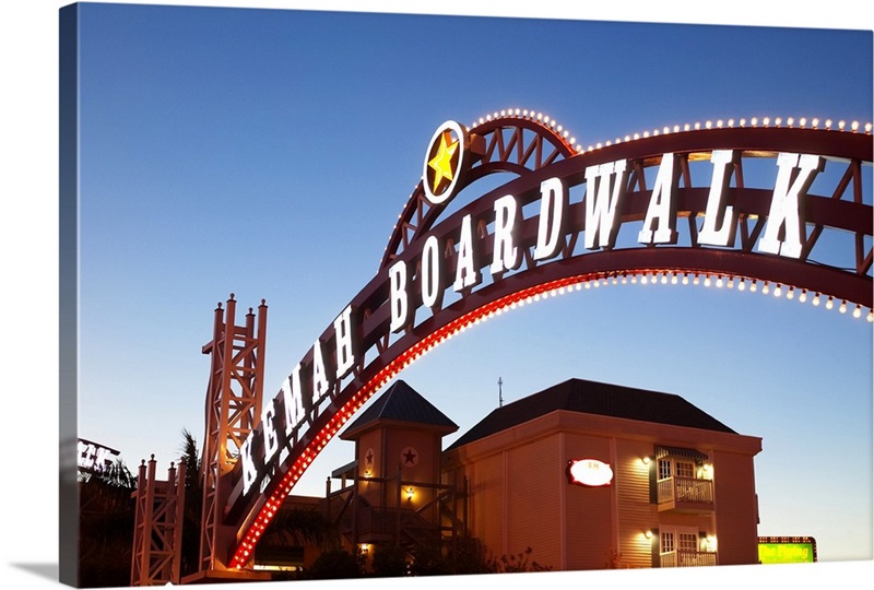 USA, Texas, Galveston Bay, 'Kemah Boardwalk' sign, dusk | Great Big Canvas