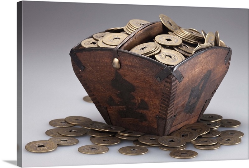 Wooden box full of ancient Chinese coins | Great Big Canvas