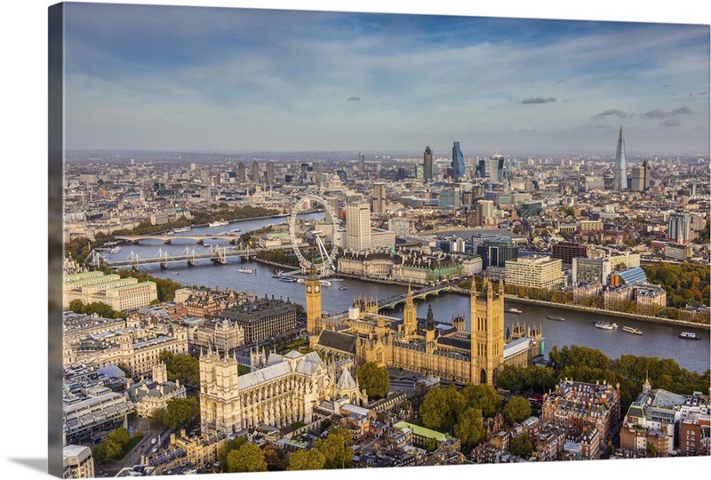 Aerial view from helicopter, Houses of Parliament, River Thames, London ...