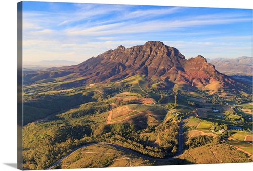 Aerial view of Simonsberg Mountain range and Stellenbosch Winelands ...