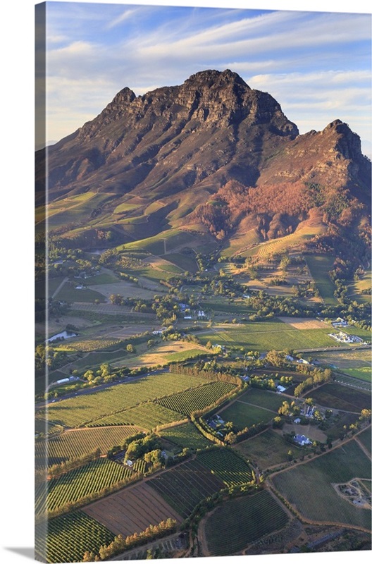 Aerial view of Simonsberg Mountain range and Stellenbosch Winelands ...